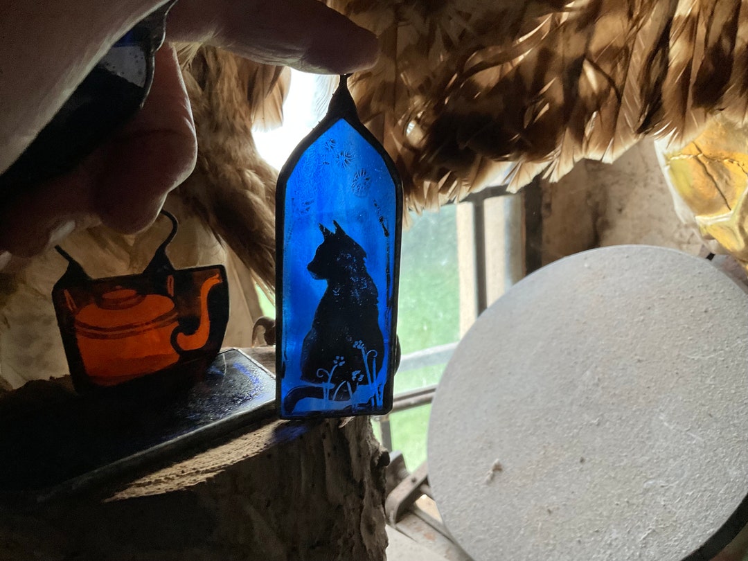 Charming Mini Black Cat Stained Glass - Blue Background - Home Deco - Etsy