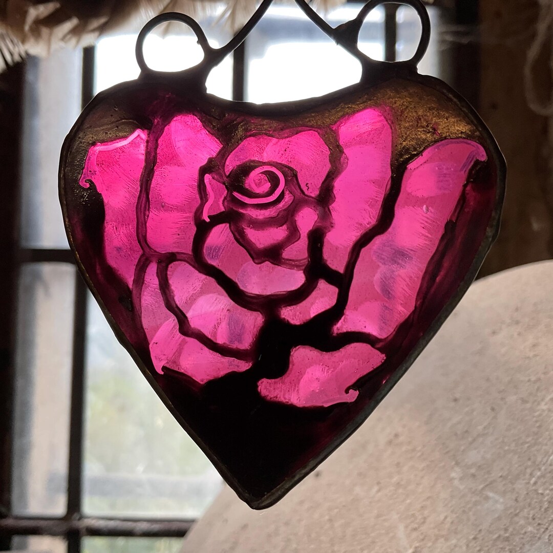 Forever Rose: Pink Stained Glass Heart Flower Decoration - Etsy
