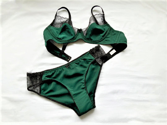 Emerald Silk Lingerie Set, Silk Satin Bra and Panties in Green Colors ...