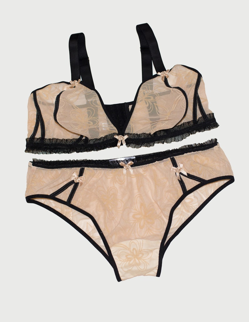 Beige Und Schwarz Mesh Dessous Set Spitze Set Weiche Bh Etsy