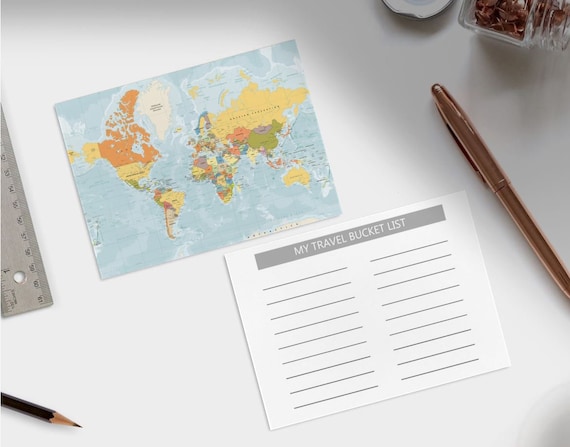 Mini Global World Map Art A5 Size Card With Travel Bucket List | Etsy