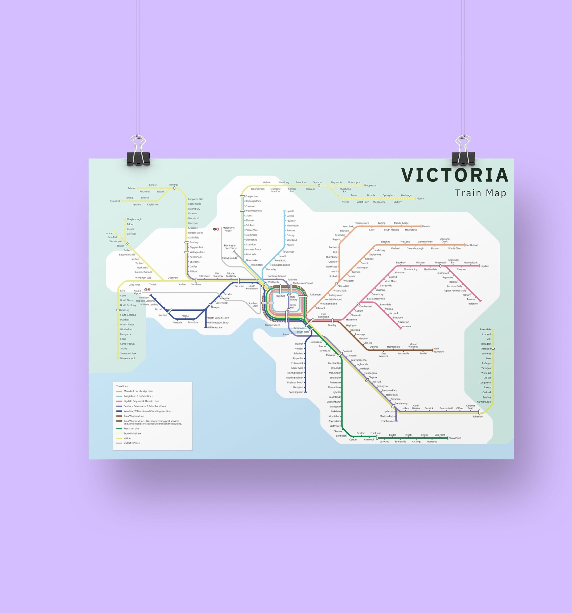 Victoria Melbourne Metro and Regional Train Map Print Card & Posters ...
