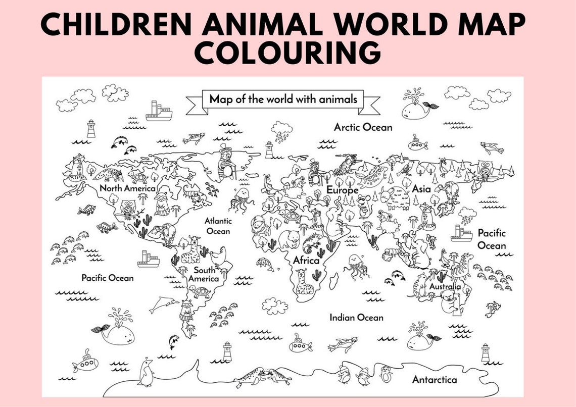 Animal Colouring World Map Print Poster for Children in Black and White ...