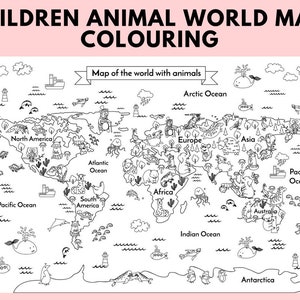 Animal Colouring World Map Print Poster for Children in Black and White ...