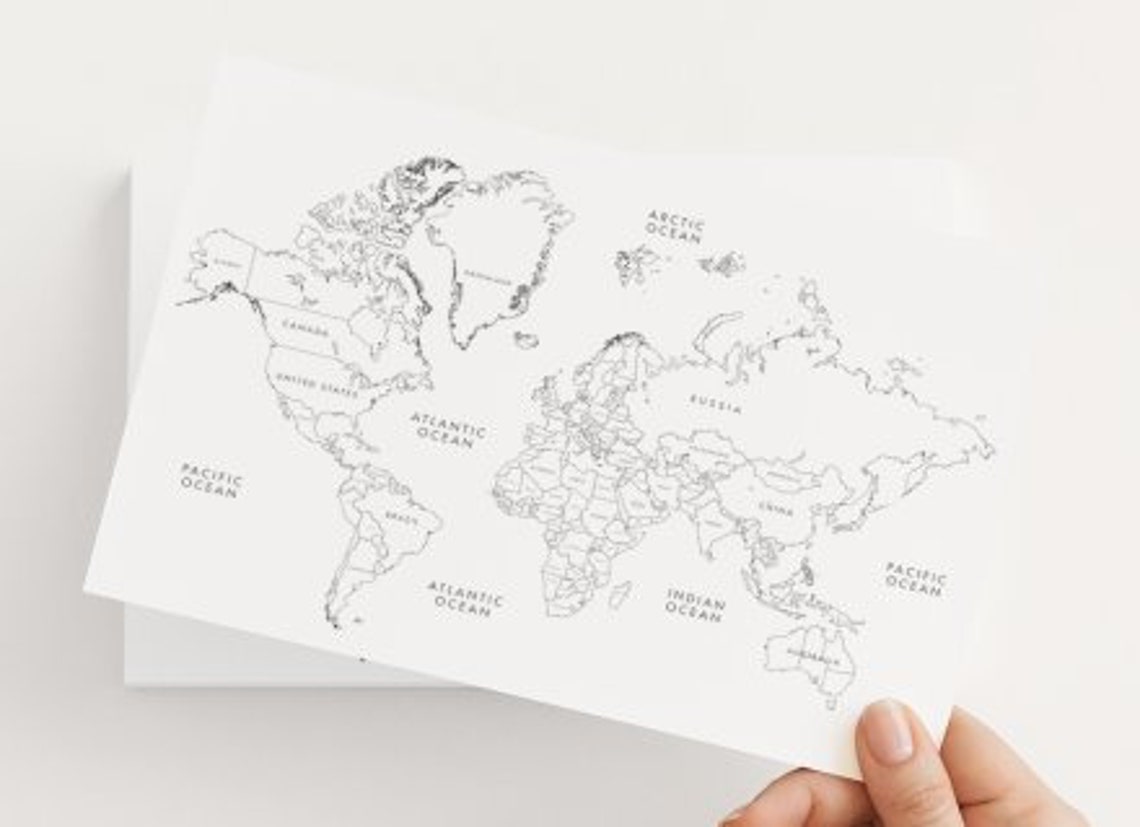 Global World Map Card in Black and White Print for Coloring Purpose ...