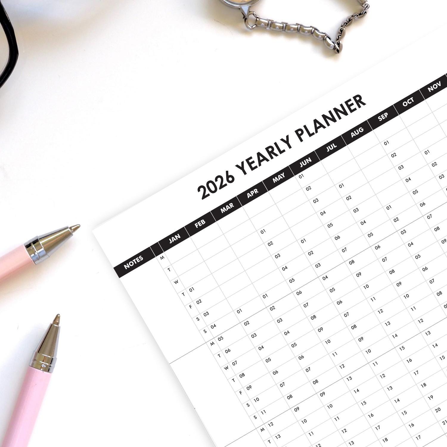 2026 Printable Yearly Wall Planner in Black, Large Digital Wall ...