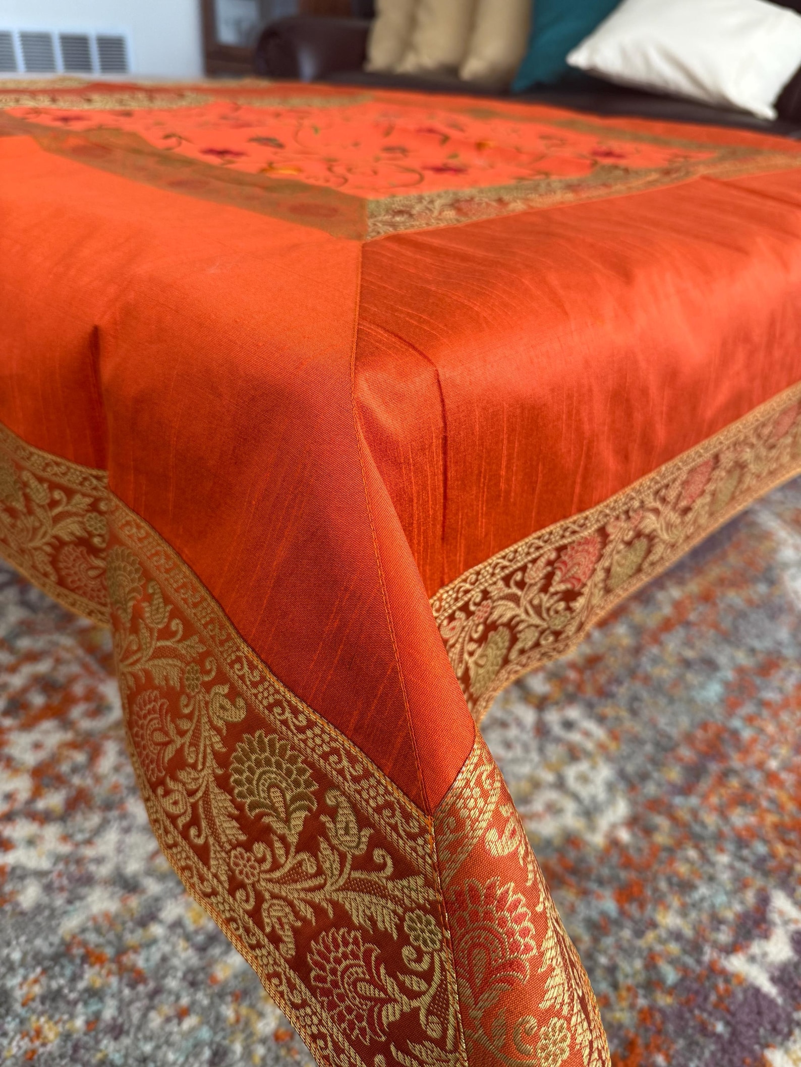 Orange Table Cloth Table Cover Silk Tapestry 50 Inch Square Puja Cloth ...