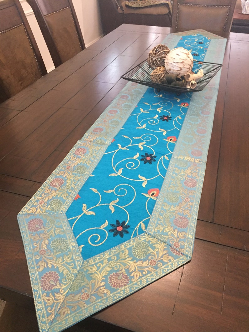 Blue Table Runner Brocade 14 X 80 Inch Silk Runner Formal - Etsy
