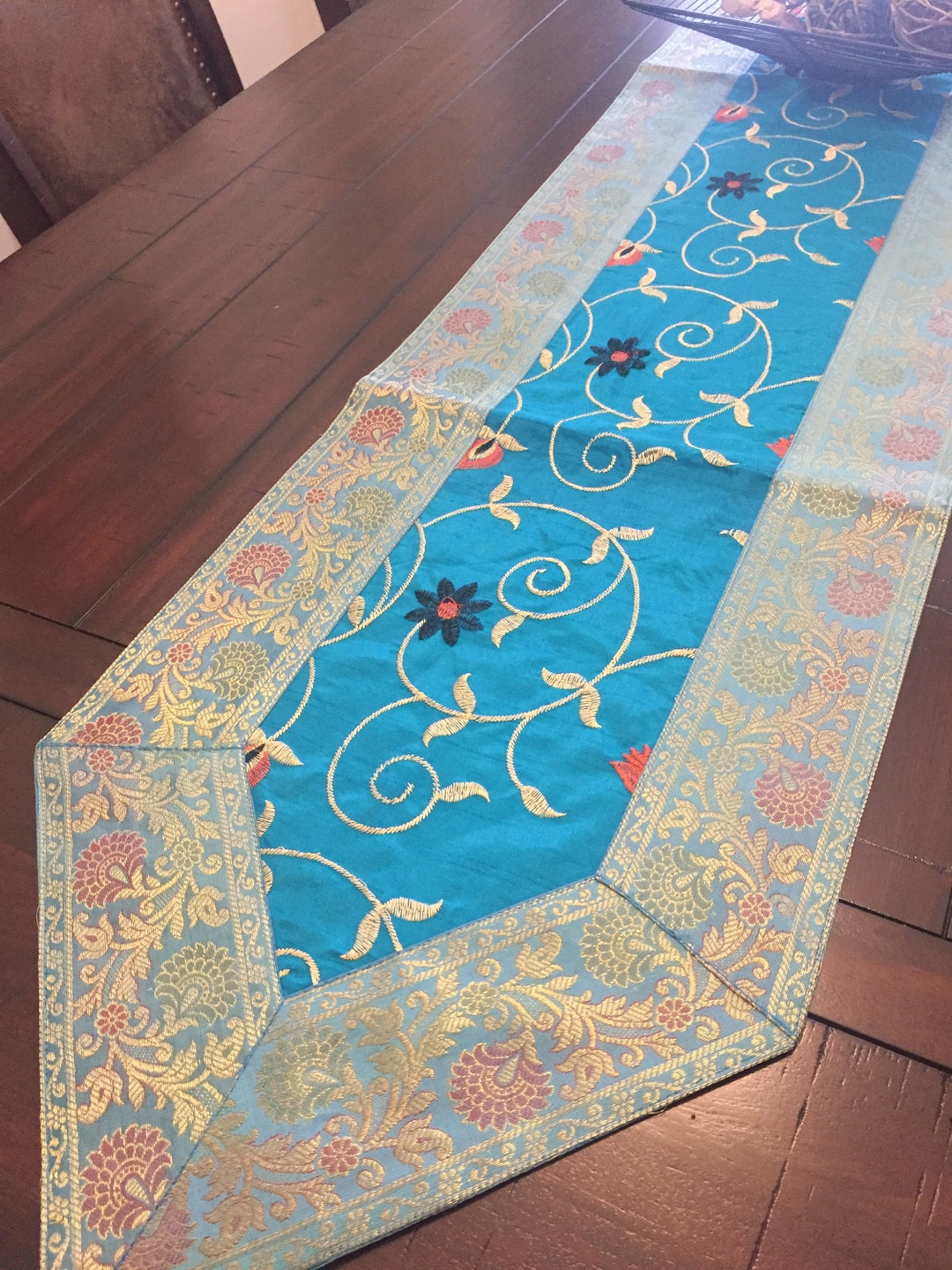 Blue Table Runner, Brocade, 14 X 80 Inch, Silk Runner, Formal ...