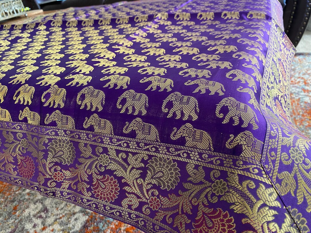 Purple Elephant Brocade Tablecloth, Indian Puja Cloth, 40" Square ...