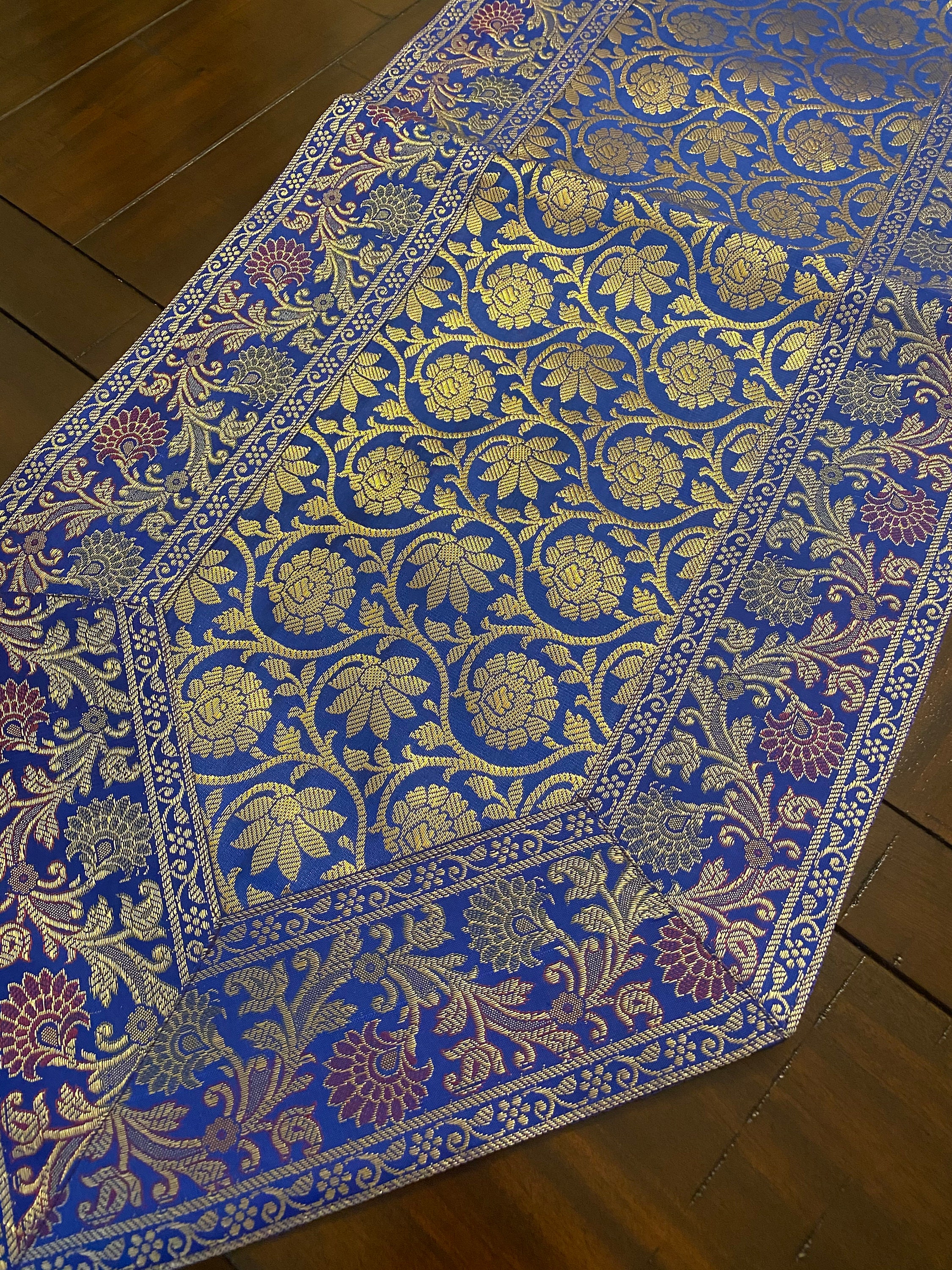 Blue Brocade Table Runner, Gold Flower Weave, Art Silk, (14x80 Inch) - Etsy