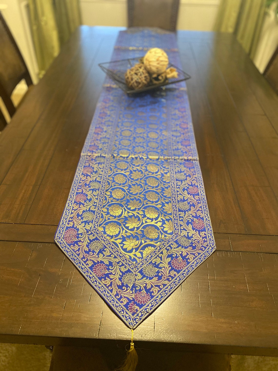 Blue Brocade Table Runner, Gold Flower Weave, Art Silk, (14x80 Inch) - Etsy
