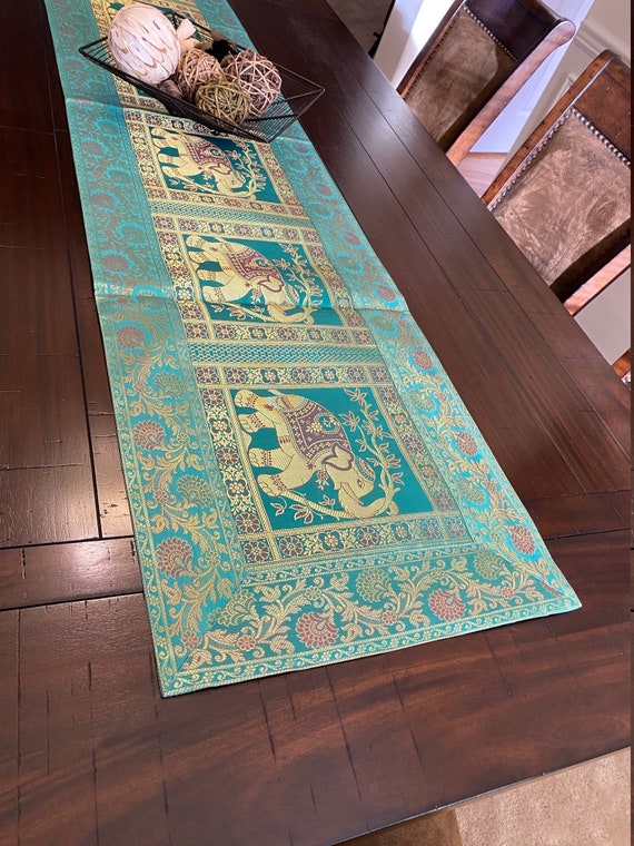 Table Runner Green Wall Tapestry Formal Table Silk 60 Inch Runner Turquoise Runner 70 Inch Runner Elephant Decor Party Wedding Indian Decor Etsy UK