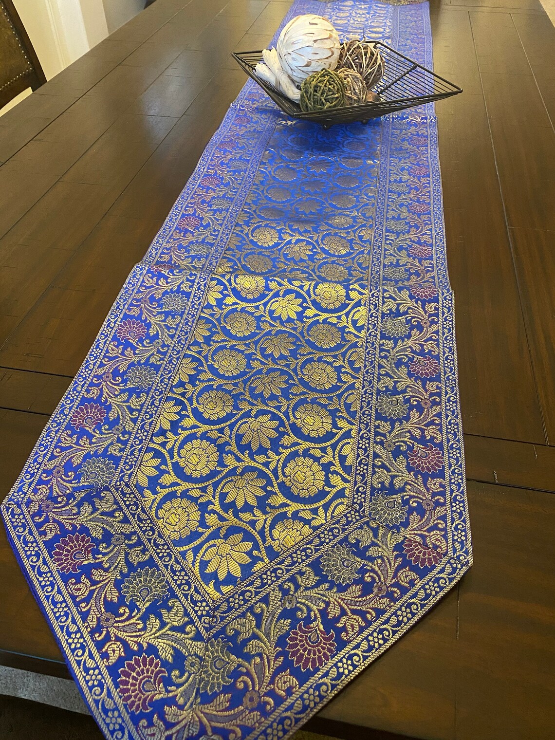 Blue Brocade Table Runner, Gold Flower Weave, Art Silk, (14x80 Inch) - Etsy