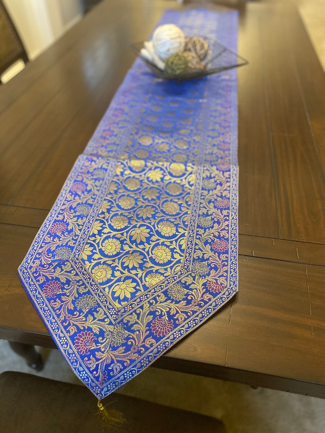 Blue Brocade Table Runner, Gold Flower Weave, Art Silk, (14x80 Inch) - Etsy