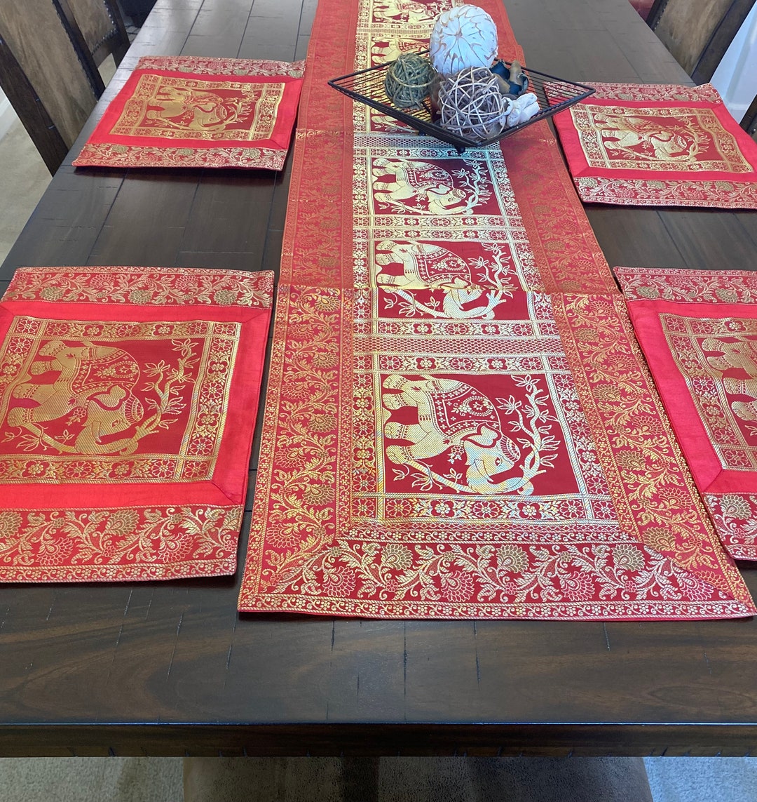 Dining Table Decor Set Red Table Runner and 4 Table Place Mat Brocade ...