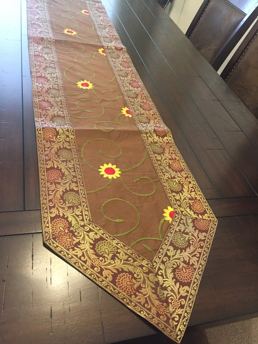 Brocade Border Table Runner: Brown Art Silk, Embroidered Floral ...