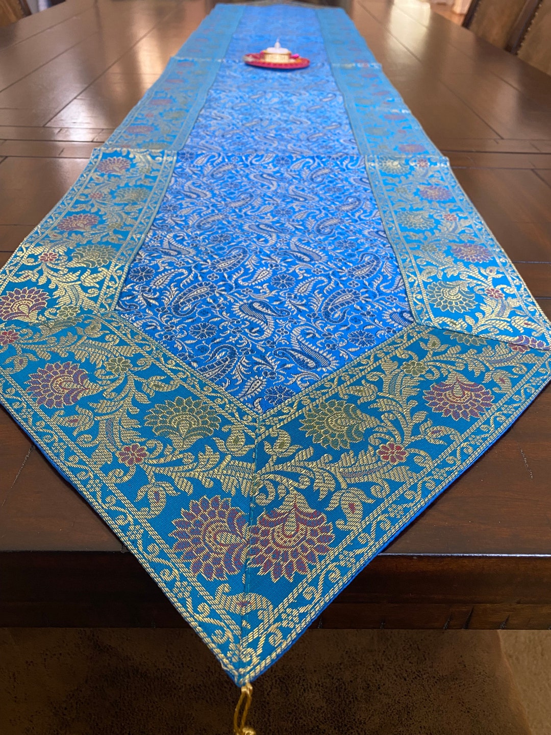 Blue Table Runner Silk Table Decor Brocade 80 Inch Runner Formal Runner ...