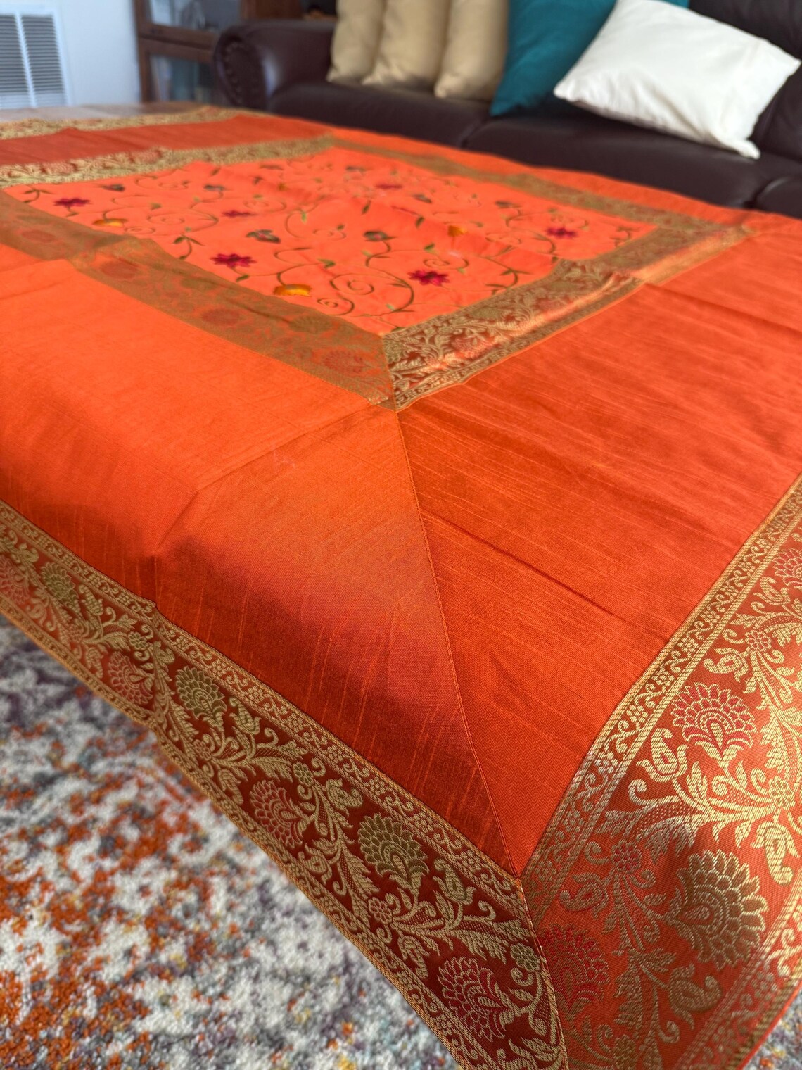 Orange Table Cloth Table Cover Silk Tapestry 50 Inch Square Puja Cloth ...