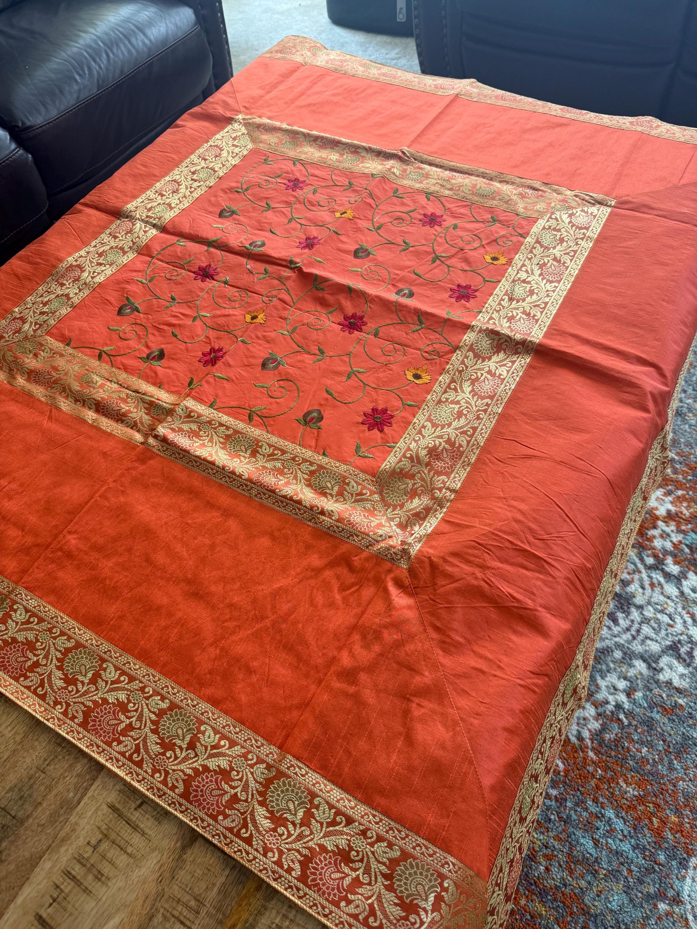Orange Table Cloth Table Cover Silk Tapestry 50 Inch Square Puja Cloth ...