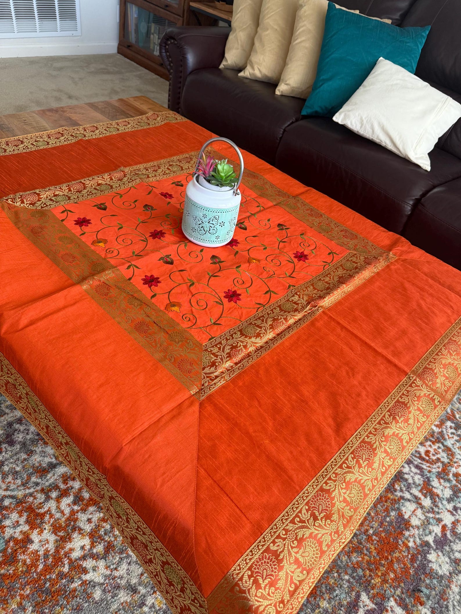 Orange Table Cloth Table Cover Silk Tapestry 50 Inch Square Puja Cloth ...