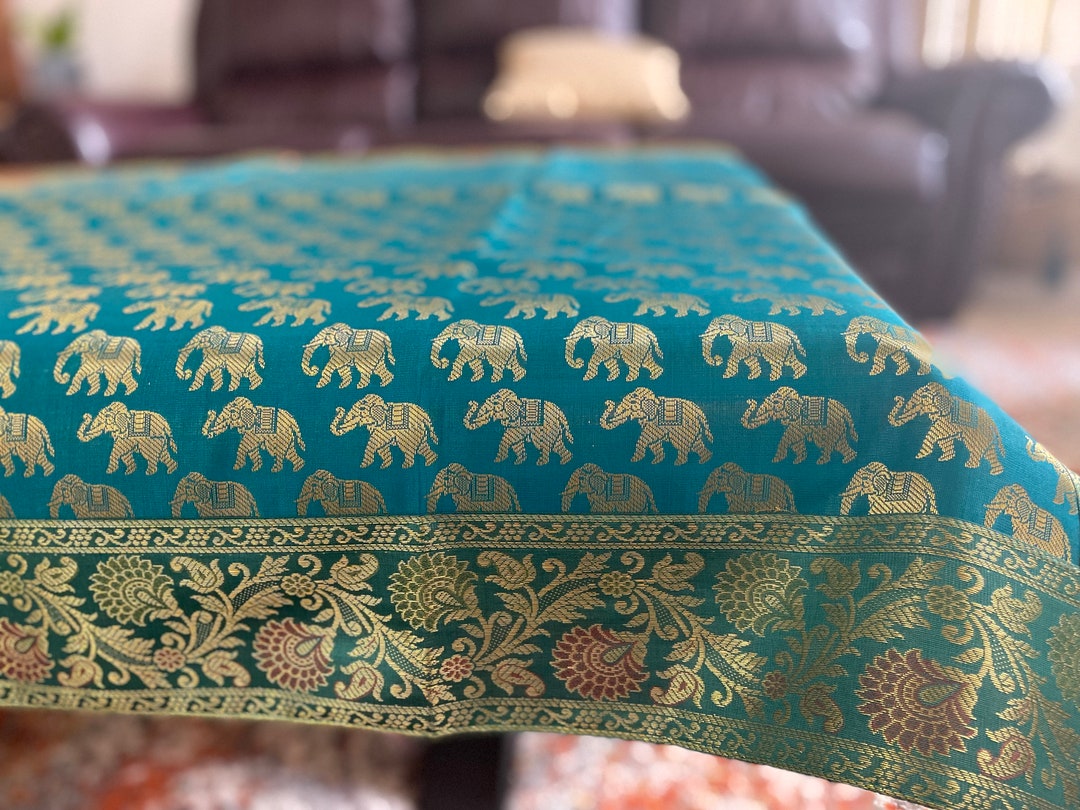 Green Table Cloth Elephant Teal Table Cover Silk Tapestry 40 Inch ...