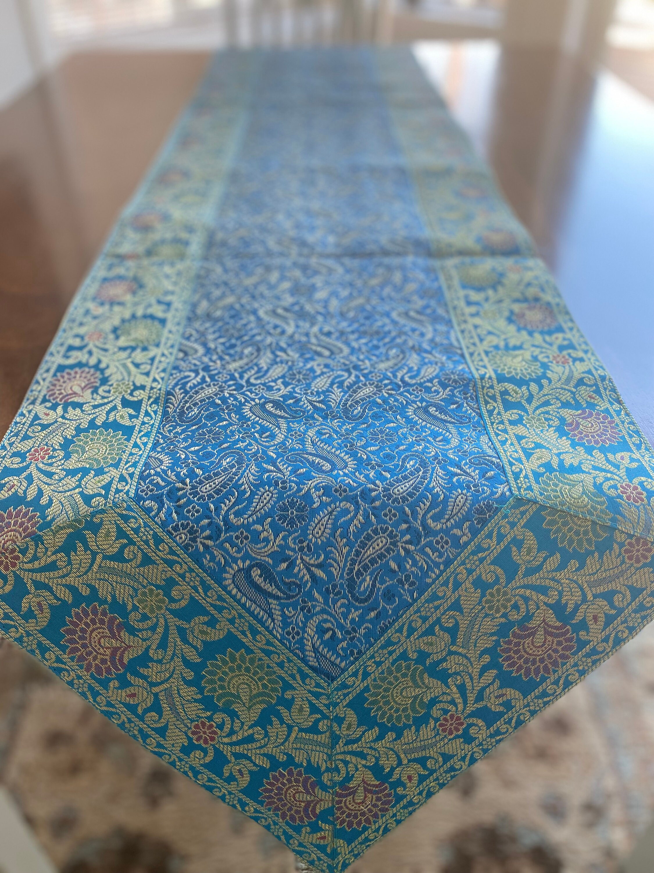 Blue Table Runner Silk Table Decor Brocade 80 Inch Runner Formal Runner ...