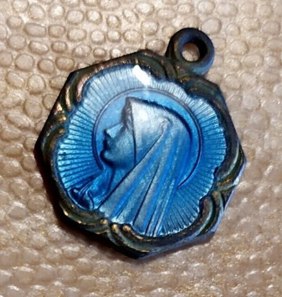 Beautiful Old Medal LOURDES VIRGIN MARY Metal Blue Enamel French ...