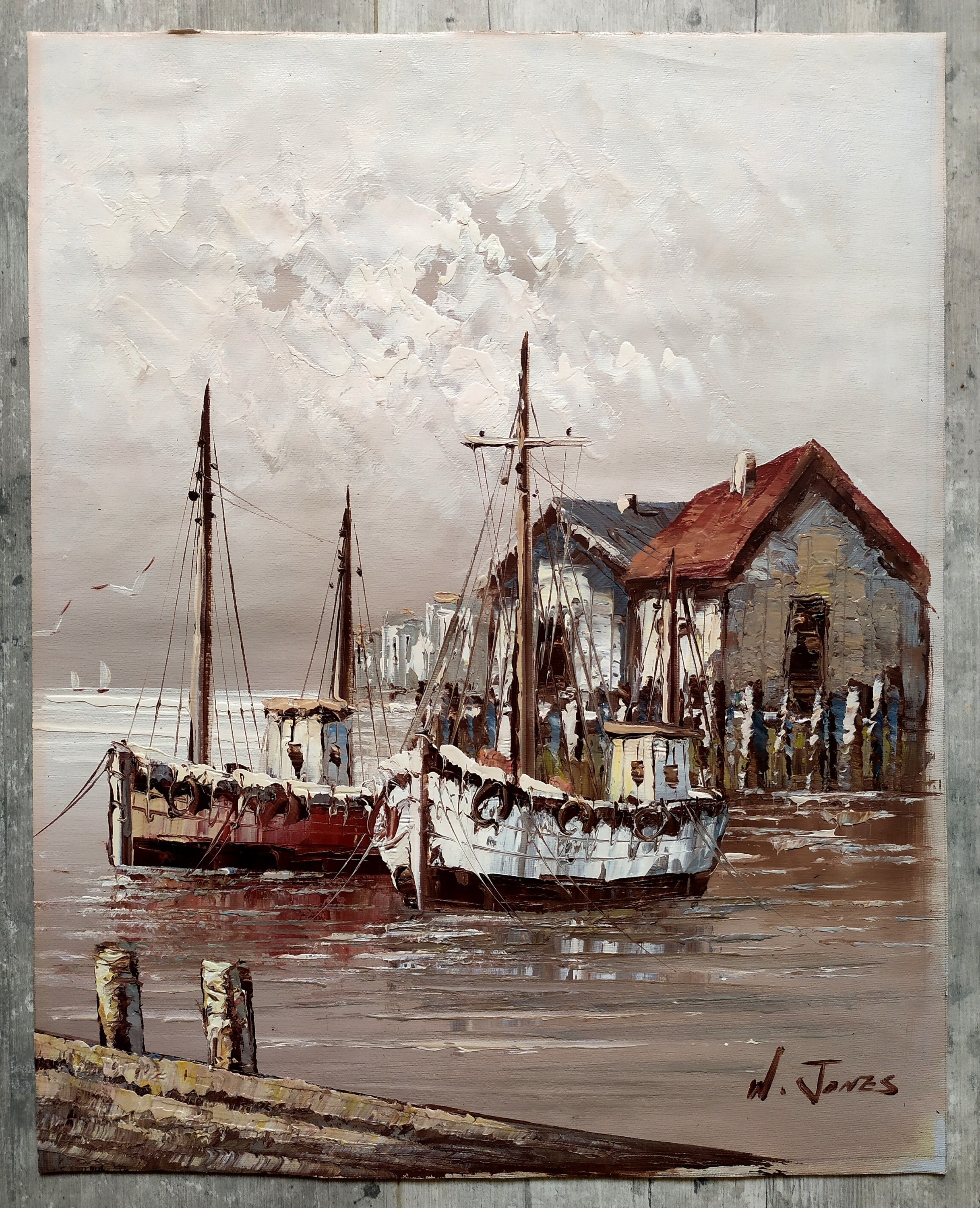 Tableau ancien huile sur toile signé W. Jones port de pêche - Etsy France