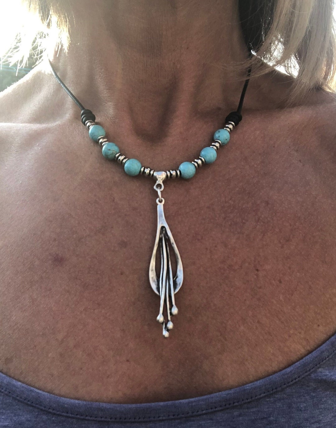 Silver Seed Pod Pendant Necklace With Turquoise Gemstones, Gift for ...