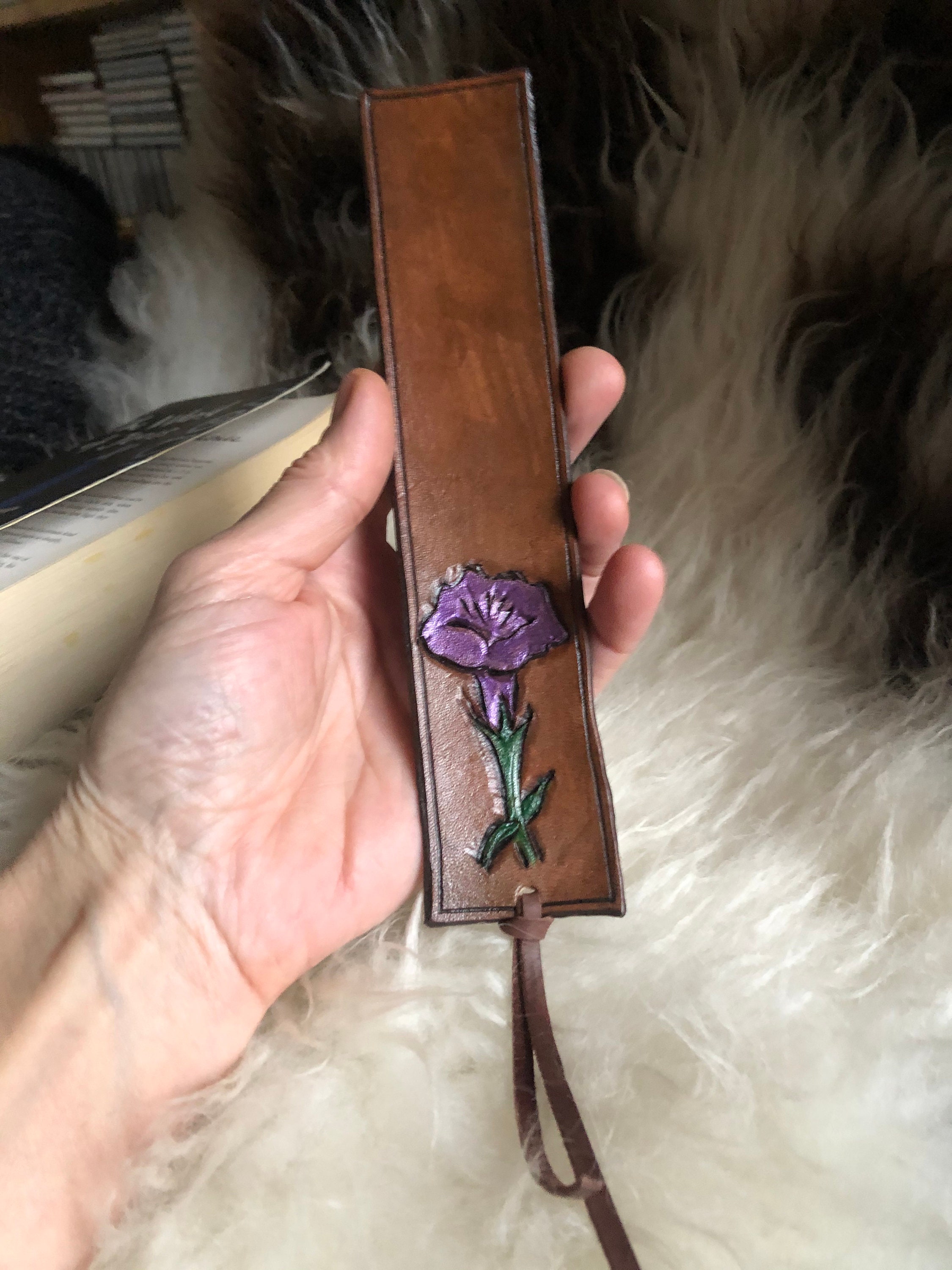Leather Purple Flower Bookmark Tooled Flower Bookmark Page - Etsy UK