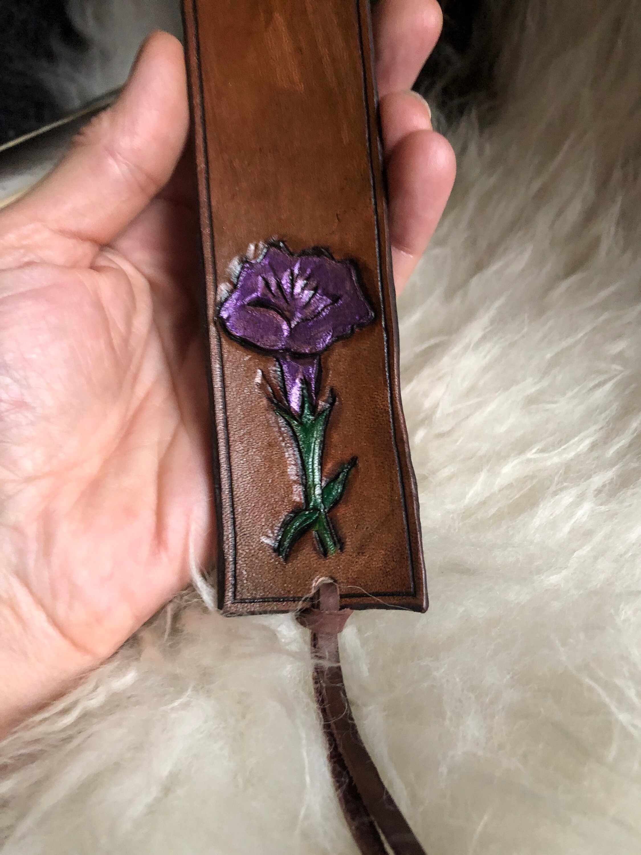 Leather Purple Flower Bookmark, Tooled Flower Bookmark, Page Marker ...