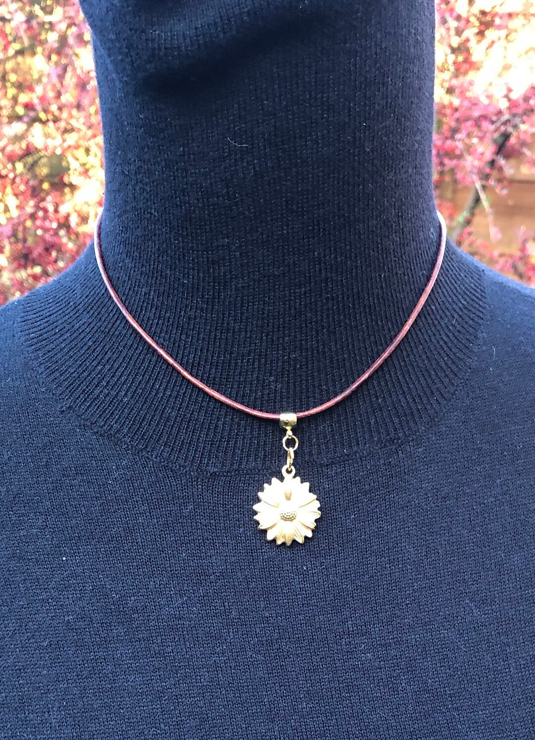 Leather Gold Sunflower Drop Pendant, Simple Pendant Necklace, Leather ...