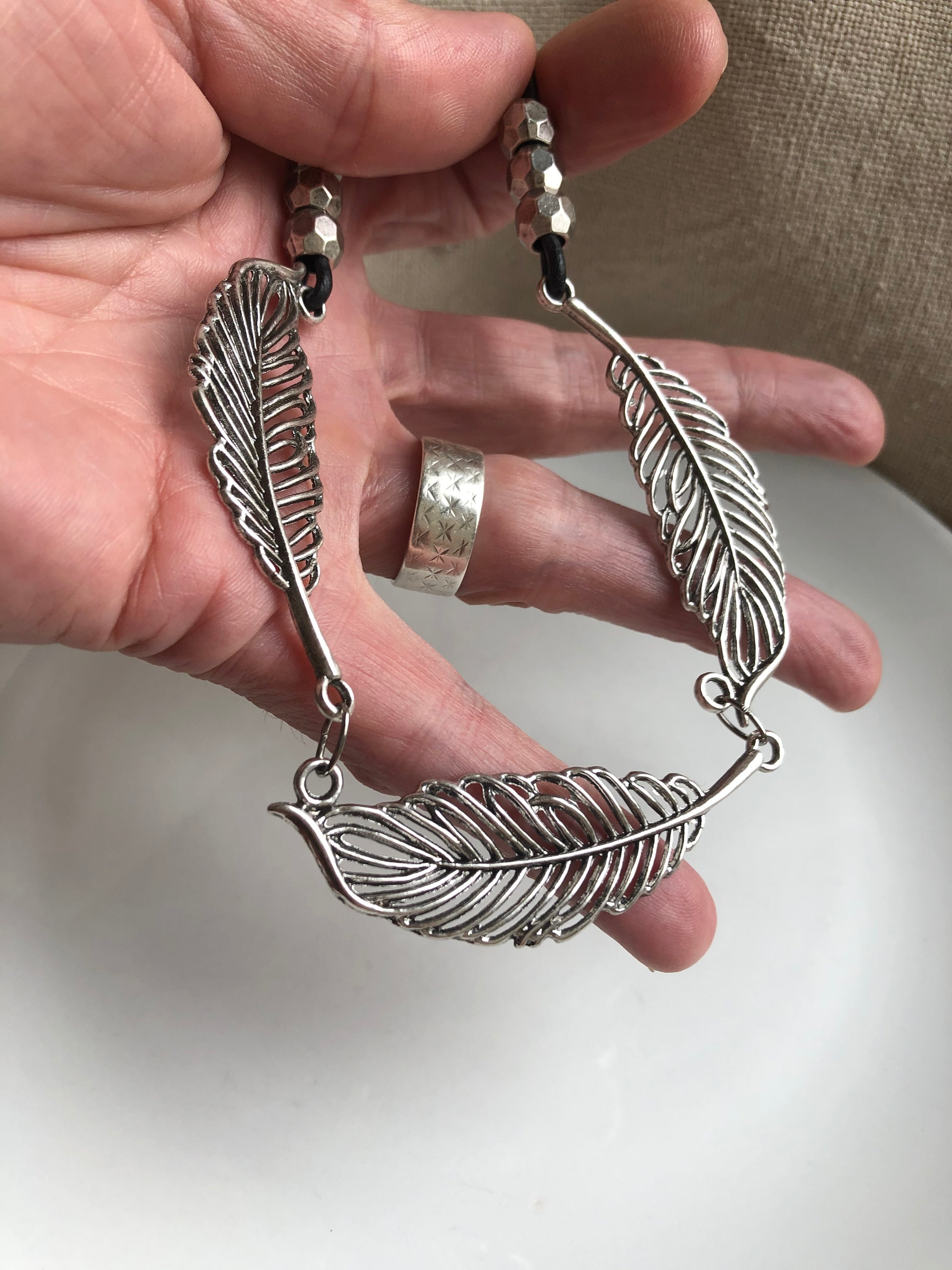 Big Feather Choker Necklace, Silver Feathers Necklace, Silver Feather ...