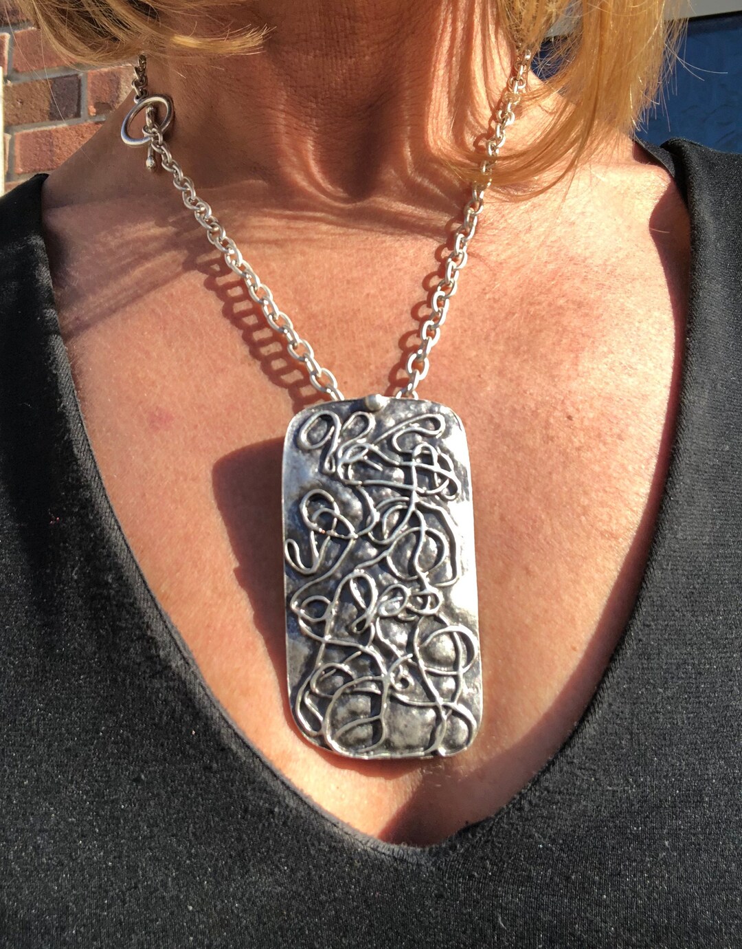 Silver Rectangle Pendant Statement Necklace Big Silver Pendant for ...