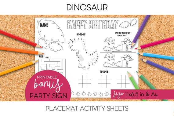 Dinosaur / Activity Placemat Coloring Placemat Party Games | Etsy