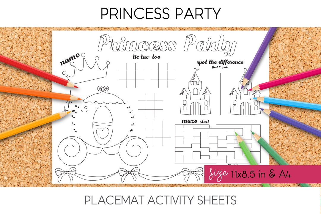 Princess Party / Activity Placemat, Coloring Placemat, Party Games for ...