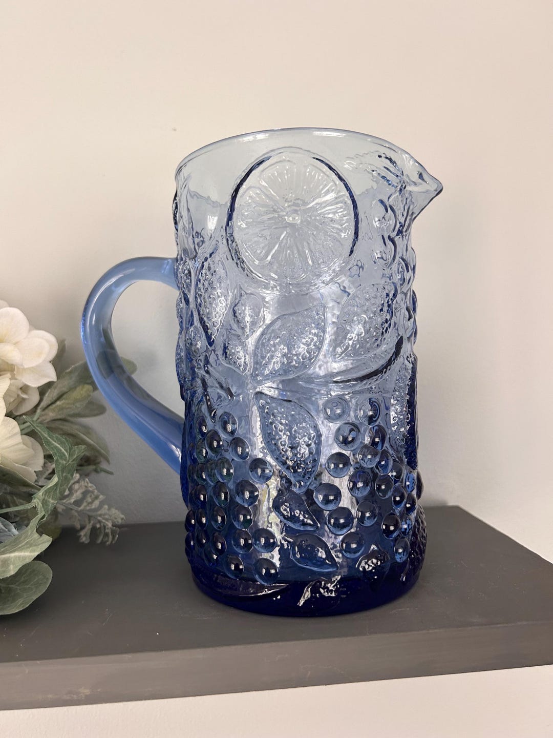 Vintage Blue Glass Pitcher Molded Glass, Water Pitcher With Fruit ...