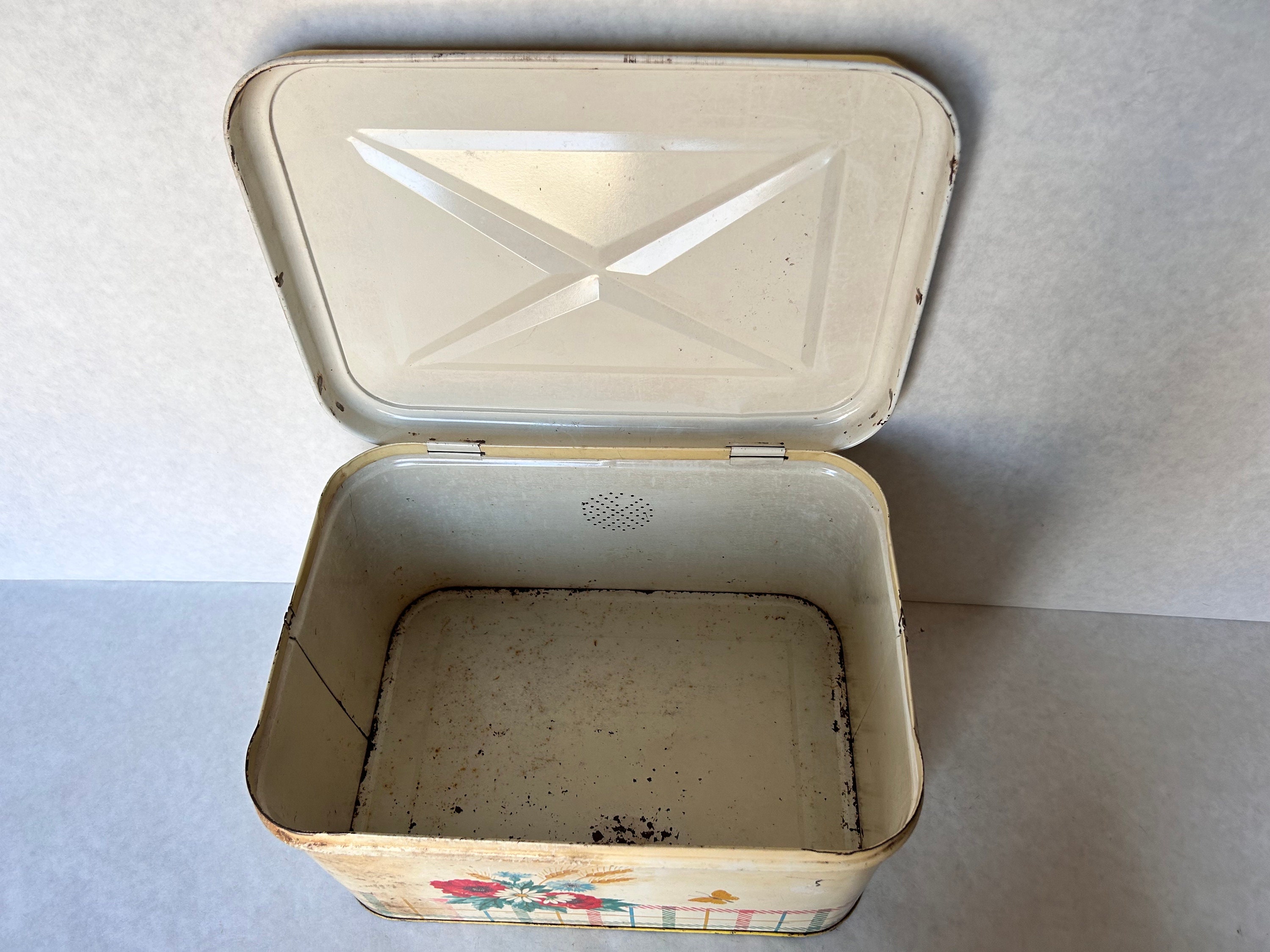 Vintage Metal Bread Box Flower Design With Yellow Top, Metal Storage ...