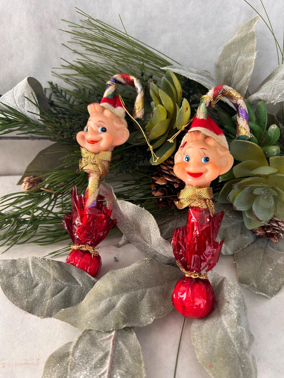 Vintage Elf Lollipop Christmas Tree Ornaments Set of 2 Pixie Elf Knee ...