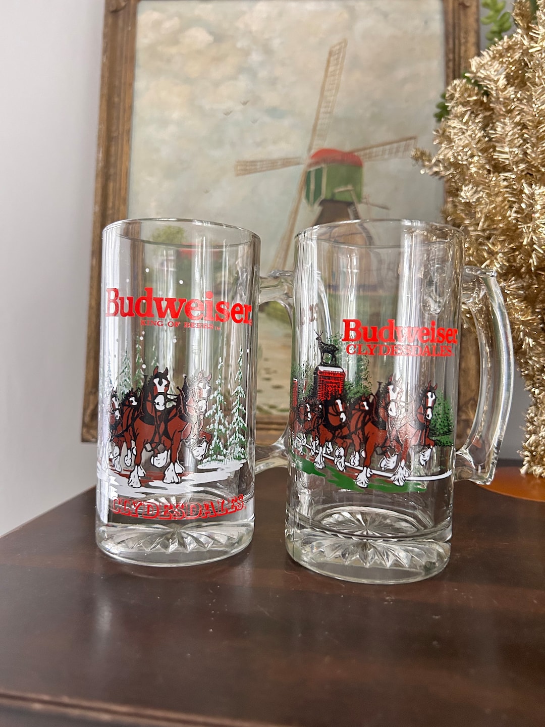 Budweiser Clydesdales Glass Beer Mugs Set of Two Non-matching Christmas ...