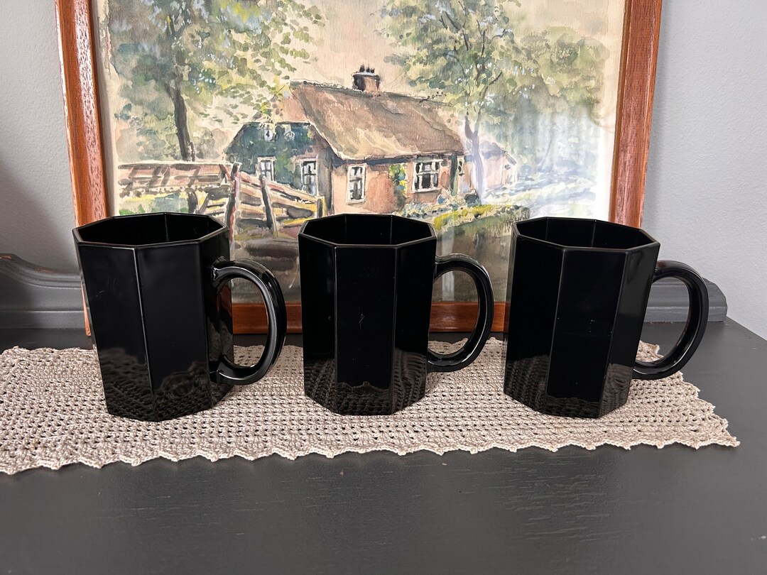 Vintage Arcoroc France Black Glass Coffee Cup Octagon Mugs Set of 3 ...