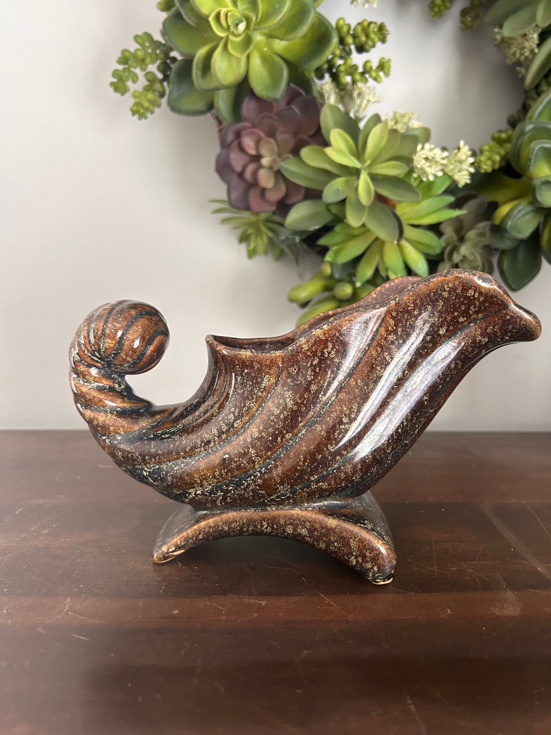 Vintage Brown Speckled Cornucopia Pottery Planter Stamped on Bottom USA ...