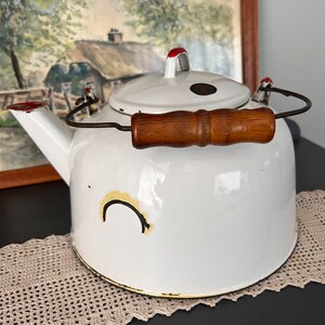 Vintage White Enamel Kettle Primitive Teapot Pitcher Coffee Pot With ...