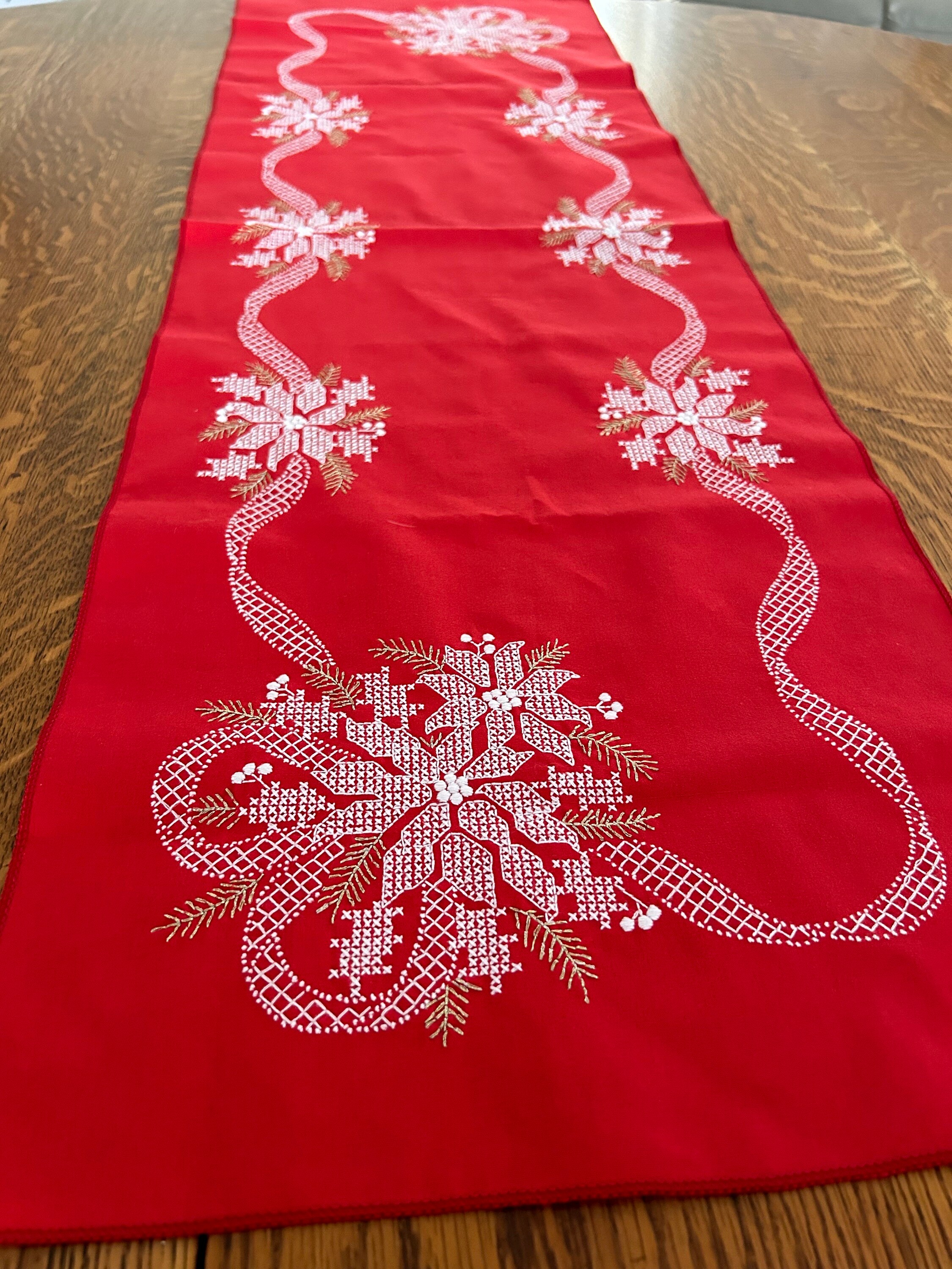 Vintage Christmas Table Runner Hand Made and Hand Cross Stitched, Red ...
