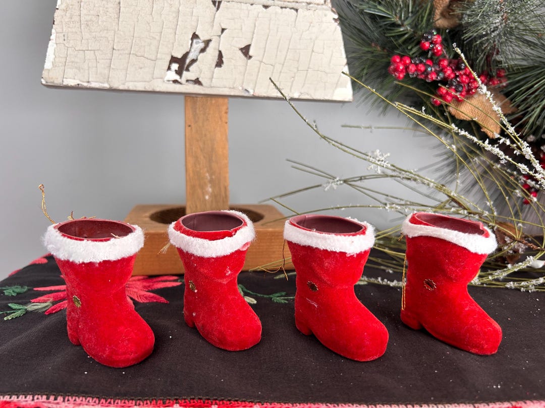 Vintage Flocked Plastic Santa Boots, 1950s Christmas Ornaments (set of ...