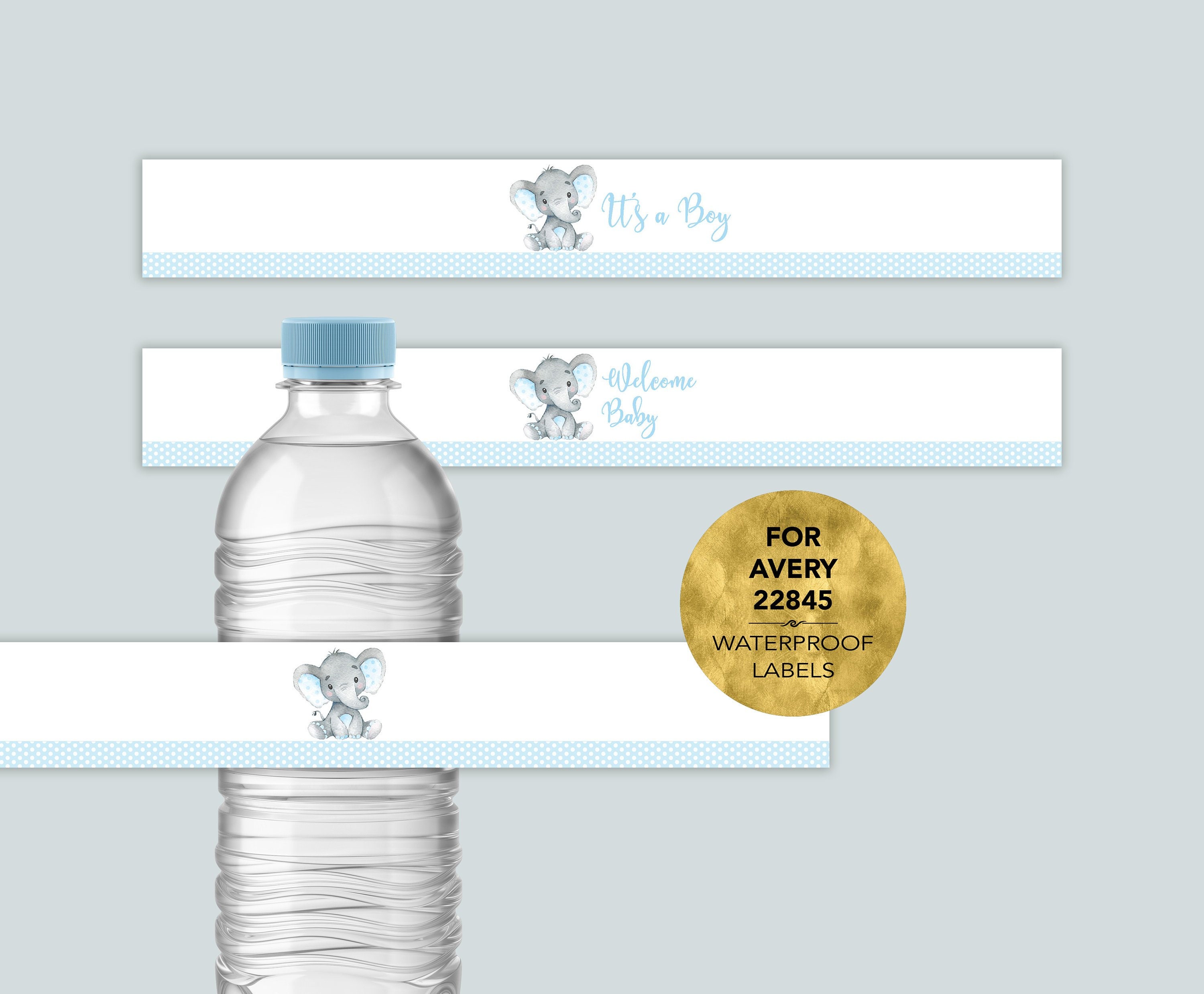 Avery 22845 Blue Elephant Baby Shower Water Bottle Labels Etsy