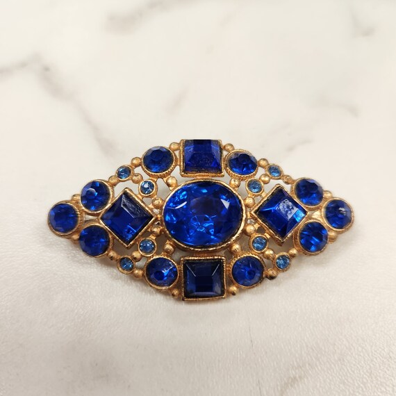 Vintage Czech Cobalt Blue Glass Brooch - Gem