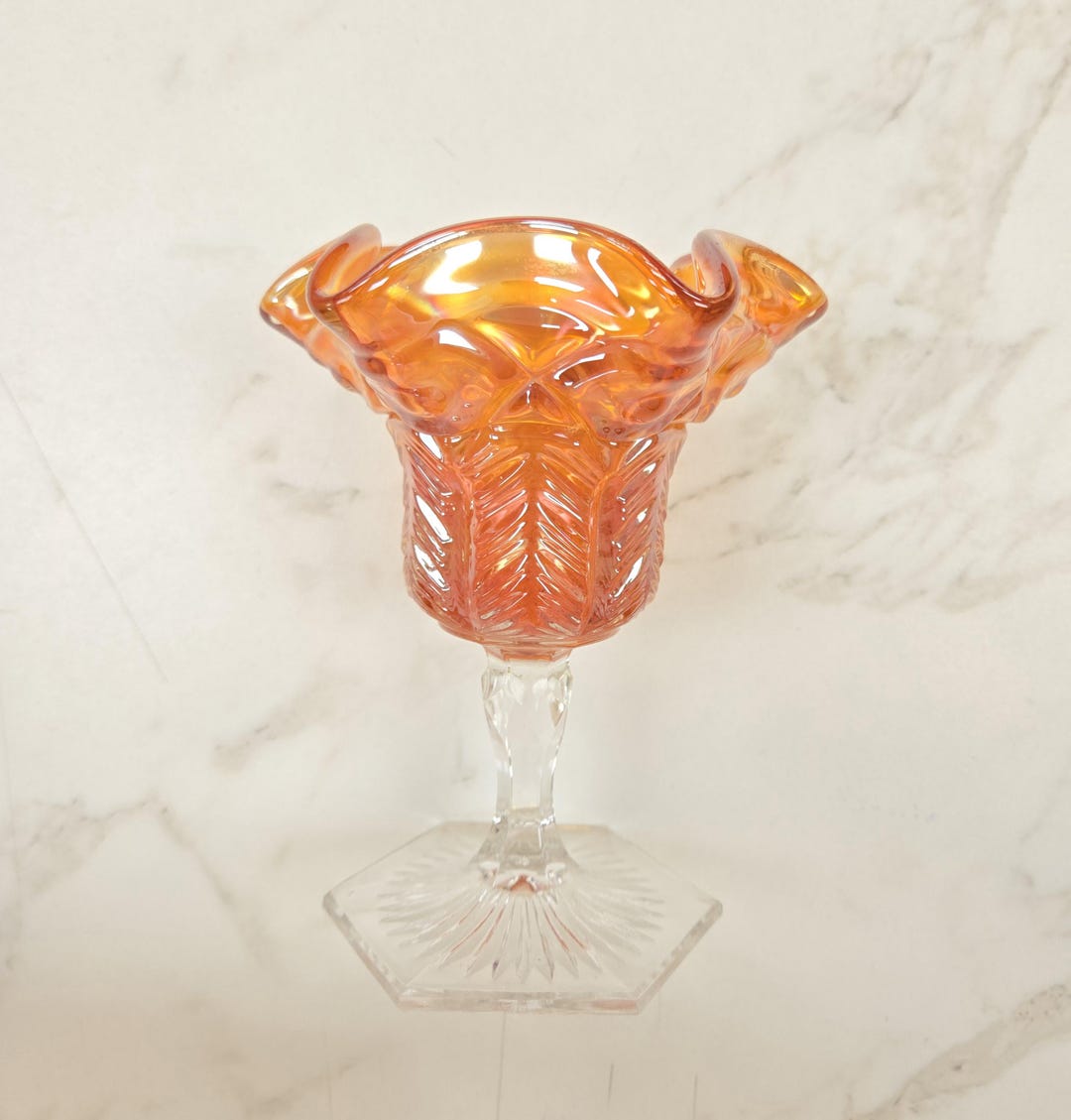 Cambridge Marigold Carnival Glass Inverted Feather Compote - Etsy