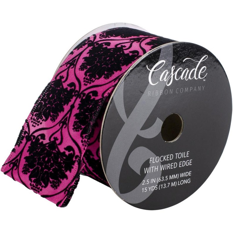 Black Flocked Toile Bouquet on Bright Pink 2.5" Wide Wired Ribbon 15 ...